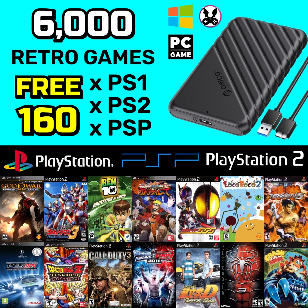 160 PS1 PS2 PSP + 6000 Games (500GB HDD) Plug & Play Retro Game Emulator Retrobat Portable ...