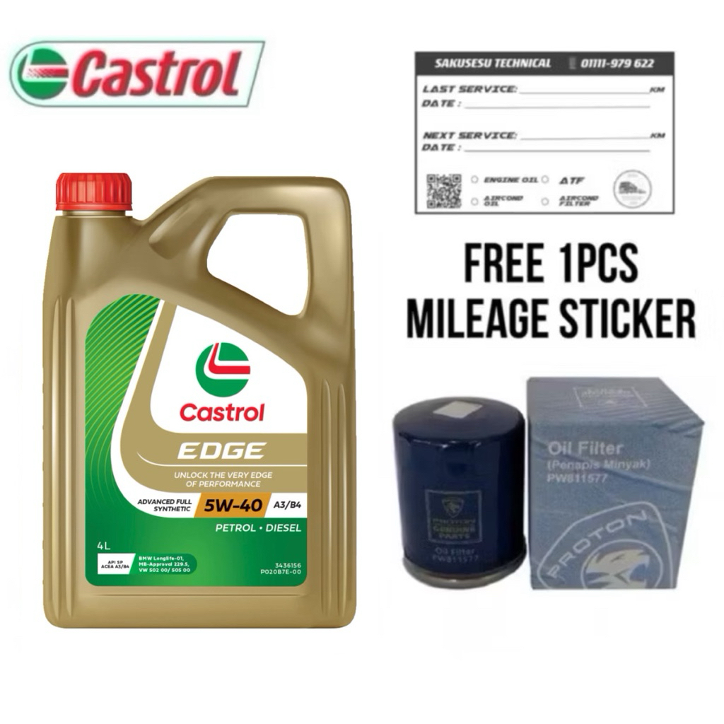 Castrol EDGE 5W40 Fully Synthetic Engine Oil 4L & Oil Filter For Proton ...