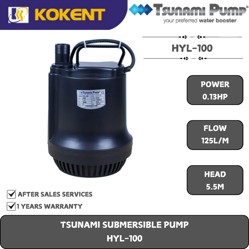 TSUNAMI SUBMERSIBLE WATER PUMP (1") (100W,0.13HP,240V,1PH,50HZ) (125L ...