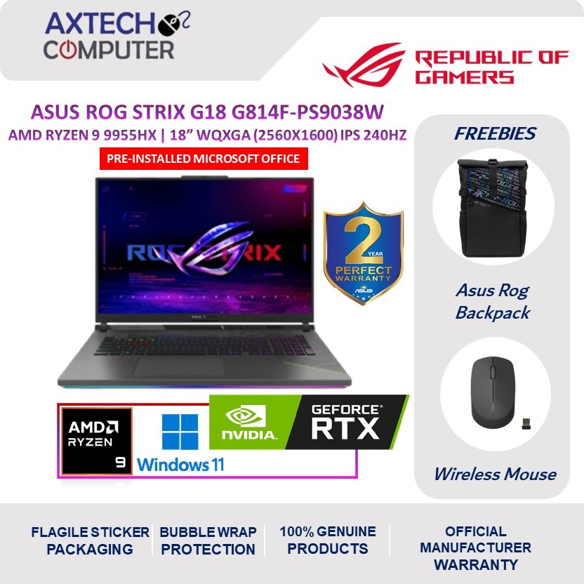 Asus ROG Strix G18 G814F-PS9038W 18'' 2.5K 240Hz Gaming Laptop ( R9-9955HX, 32GB, 1TB SSD ...