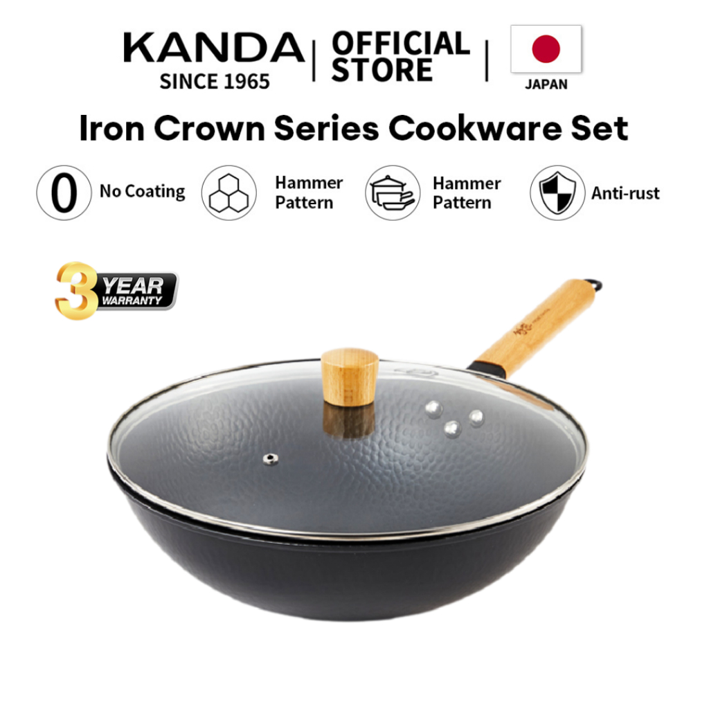KANDA 32CM Wok with Lid Cast Iron Pan Japanese Pot Uncoated Wok Kuali ...