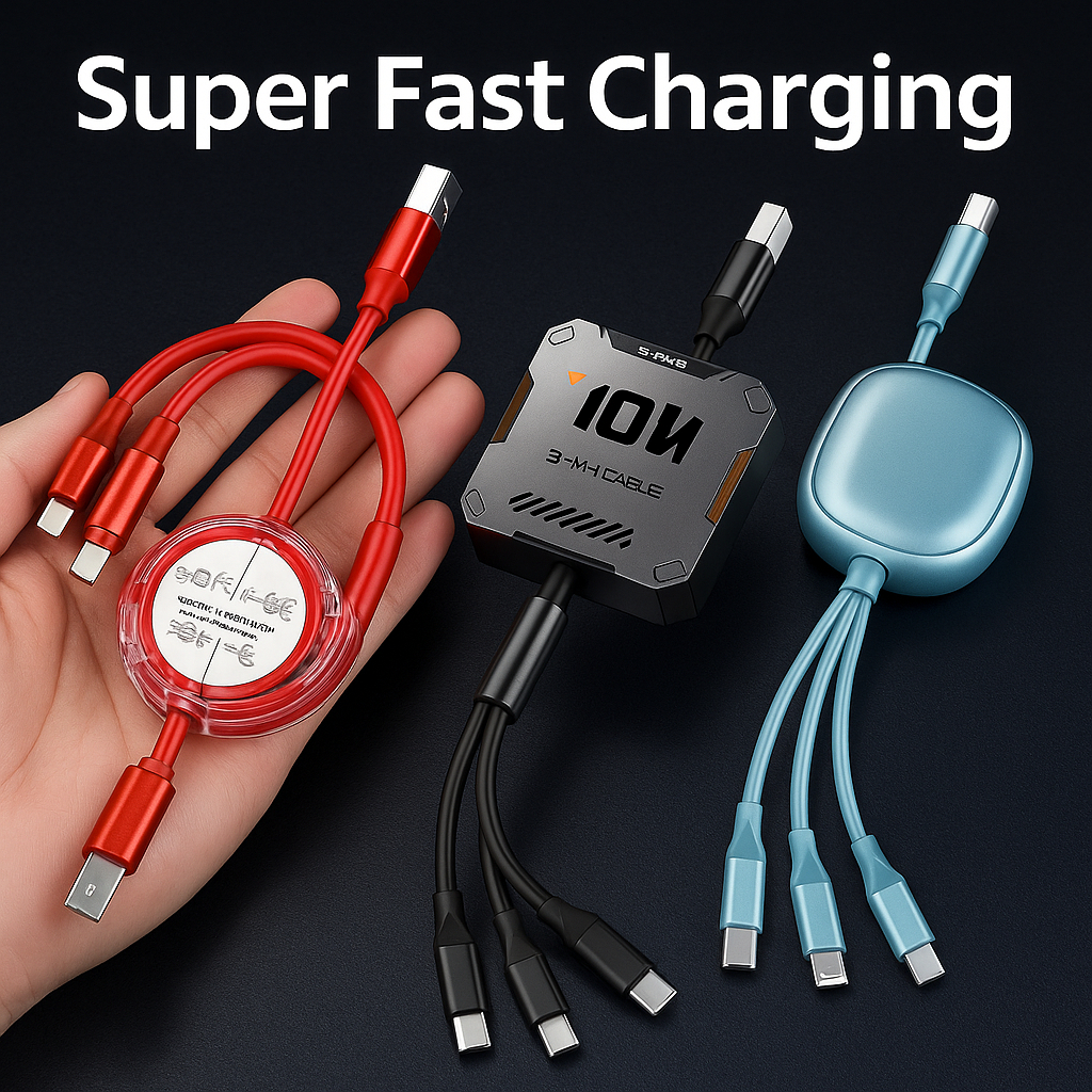 100W 3in1 Retractable Fast Charging Cable | USB to Type-C Micro iP ...