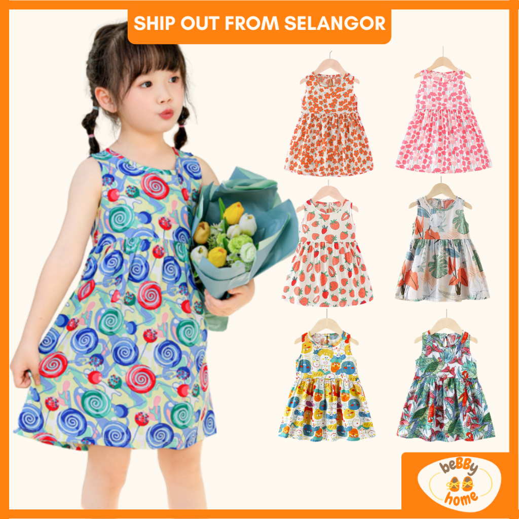 Dress Budak 1-5Y Kids Girl Dress Floral Sleeveless Cotton Kids Clothes ...