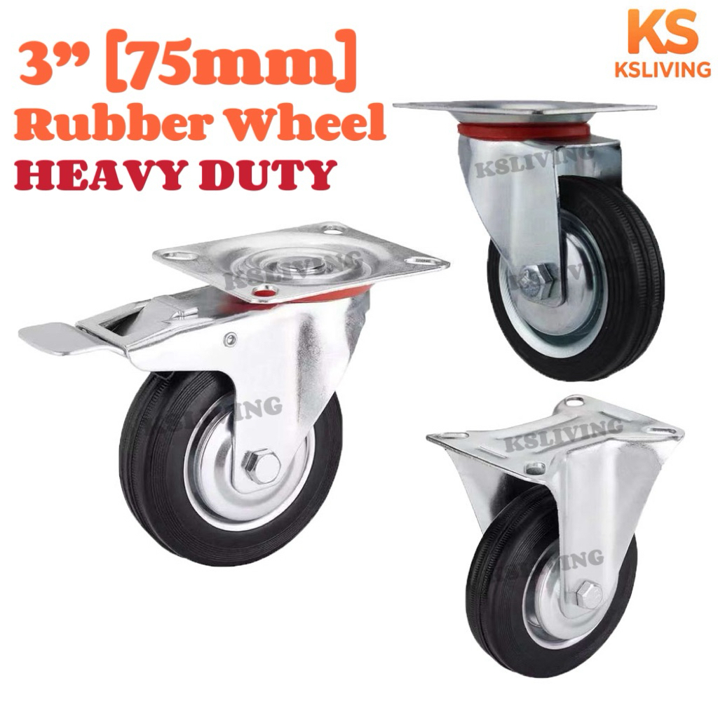Kim.S 3”[75MM] Rubber Wheel Roller Heavy Duty Roda Rubber Trolley Roda ...