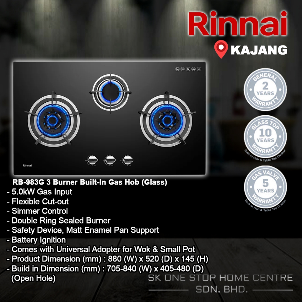 RINNAI 3 Burner Built-in Gas Hob 5.0kW RB-983G | Flexi Hob | Safety ...