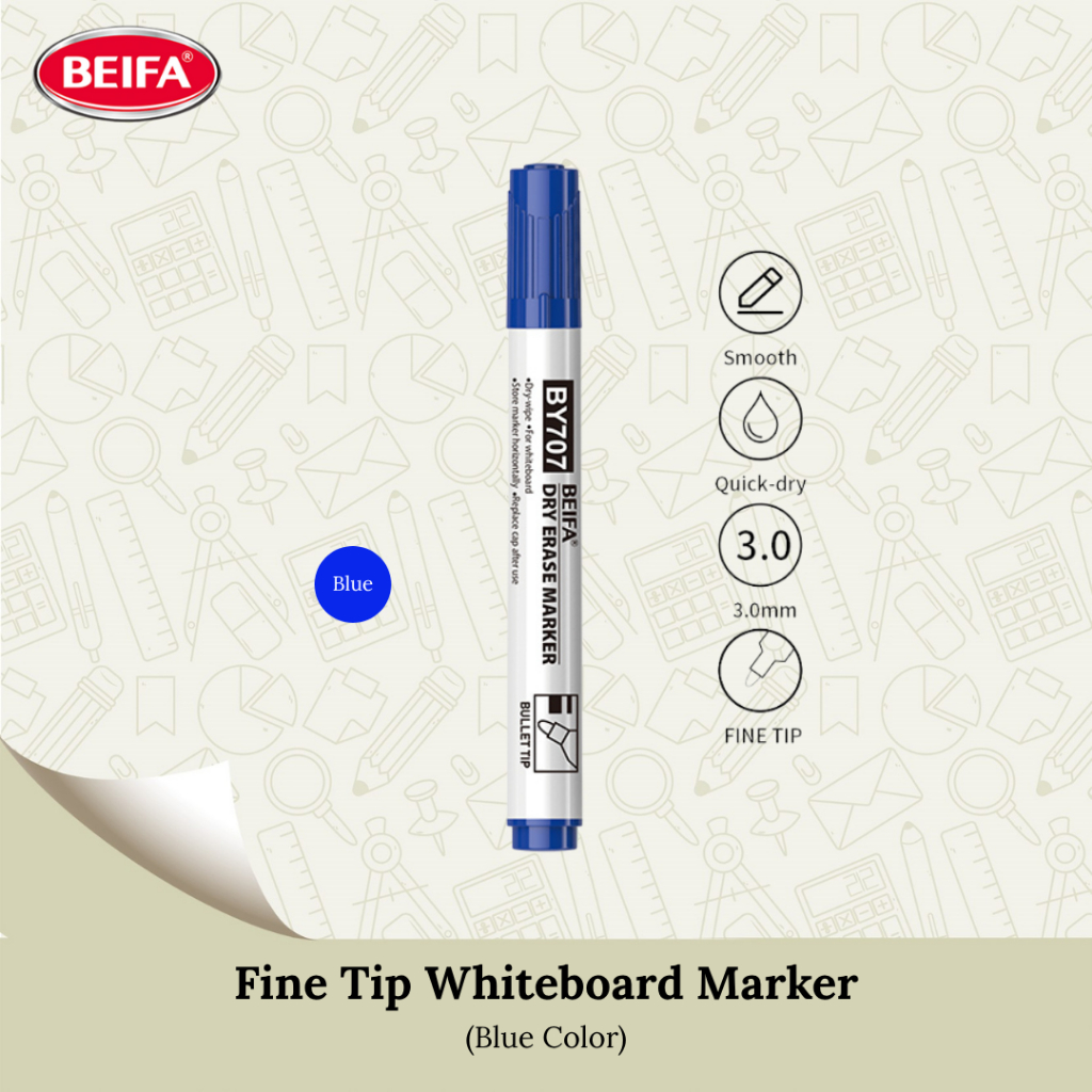 BEIFA Fine Tip Whiteboard Marker - 3.0mm | Blue Ink | Bullet Tip Dry ...
