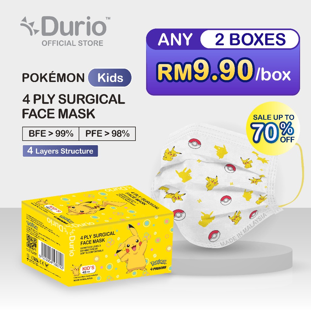 Durio 546K Pokemon Kid's 4 Ply Surgical Face Mask - Pikachu (40 Pcs ...