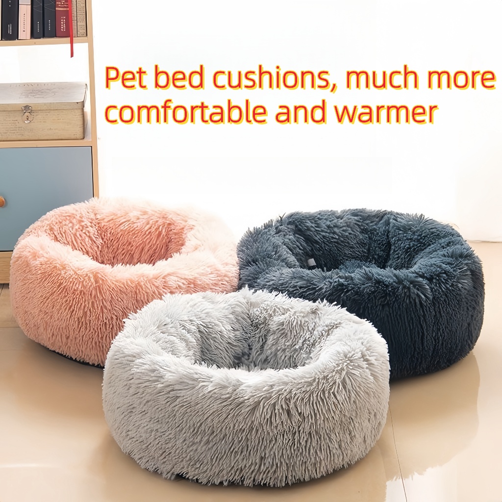 Fluffy Round Cat & Dog Bed–Warm Plush Pet Nest,Non-Slip Base,Washable ...