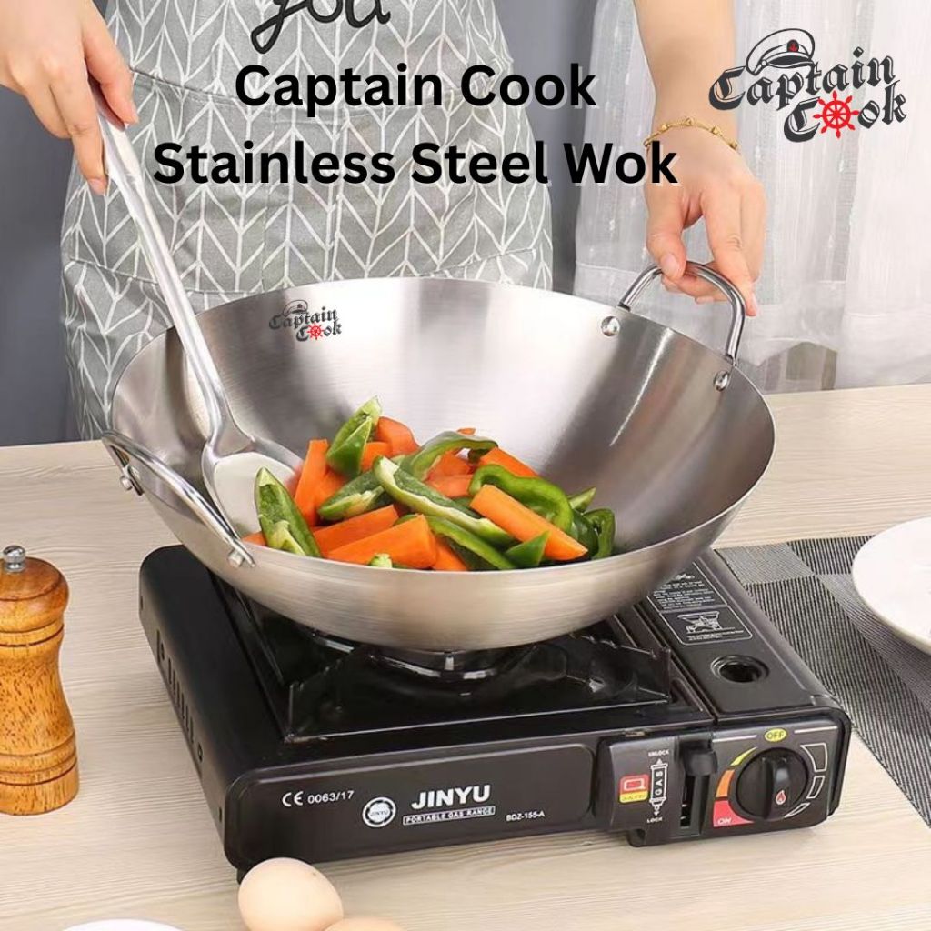 CAPTAIN COOK Double Handle Stainless Steel Wok (30cm,32cm,34cm, 36cm ...