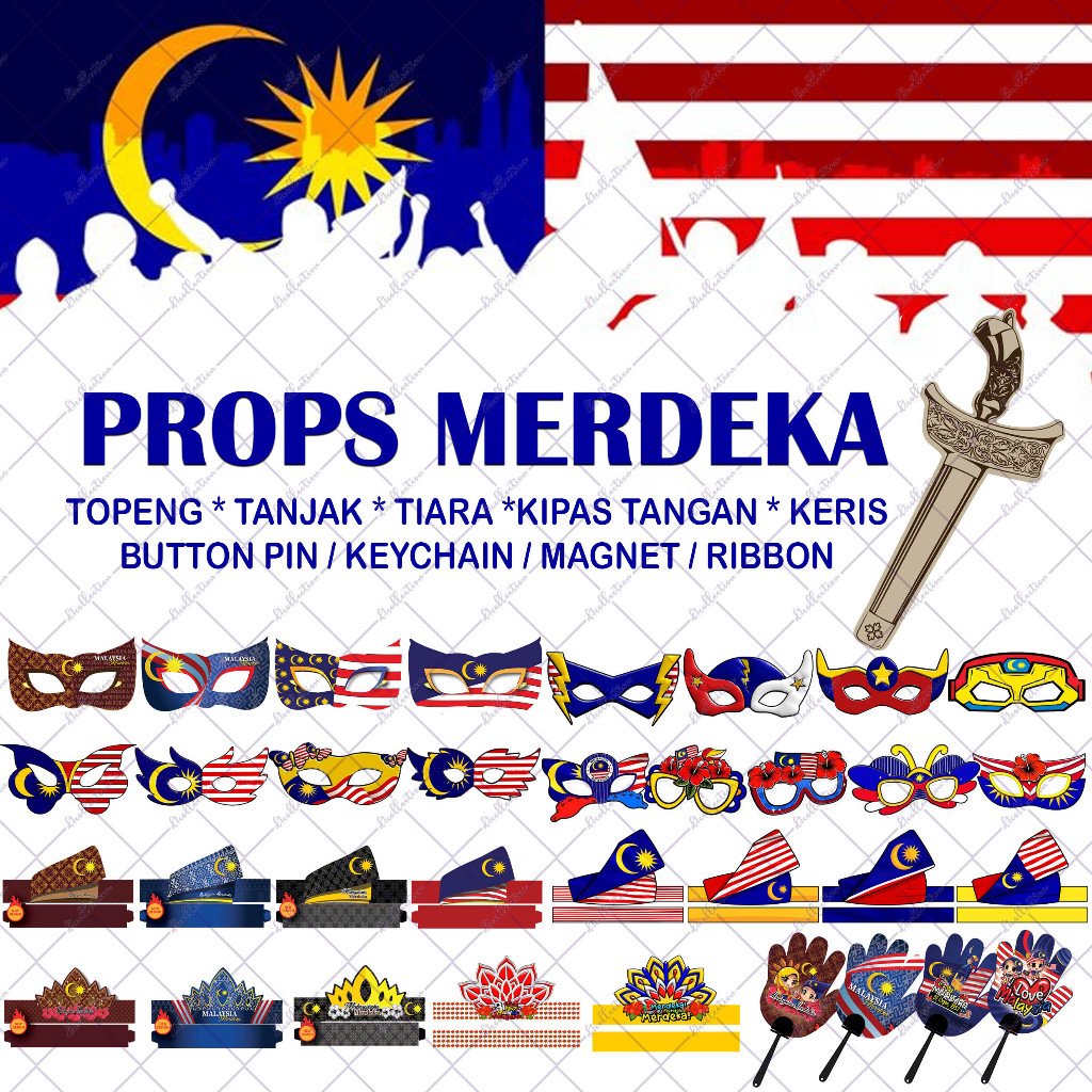 PROPS MERDEKA Topeng / Tanjak / Tiara / Kipas Tangan / Button Badge ...