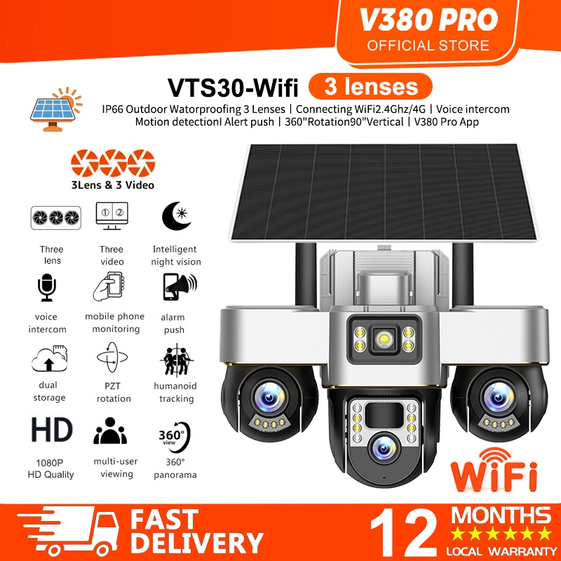 V380 Pro Three Screen CCTV Solar Outdoor IP66 Waterproof VTS30 Wireless ...