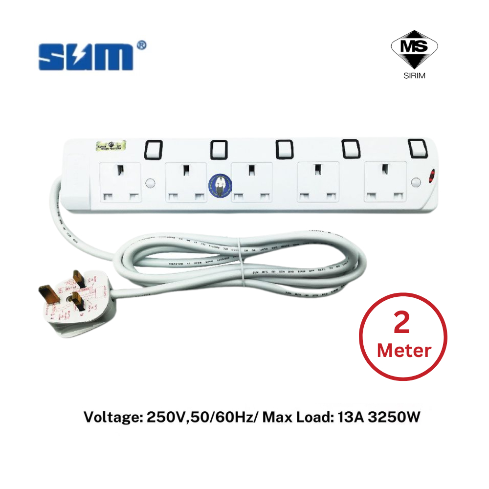 SUM 5 WAY premium heavy duty Portable Extension Socket (2 Meters) With ...