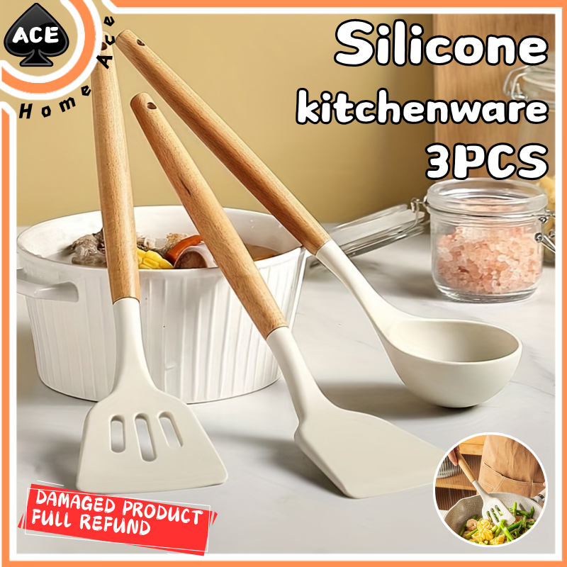 HomeAce white silicone kitchenware set with wooden handle and non stick ...