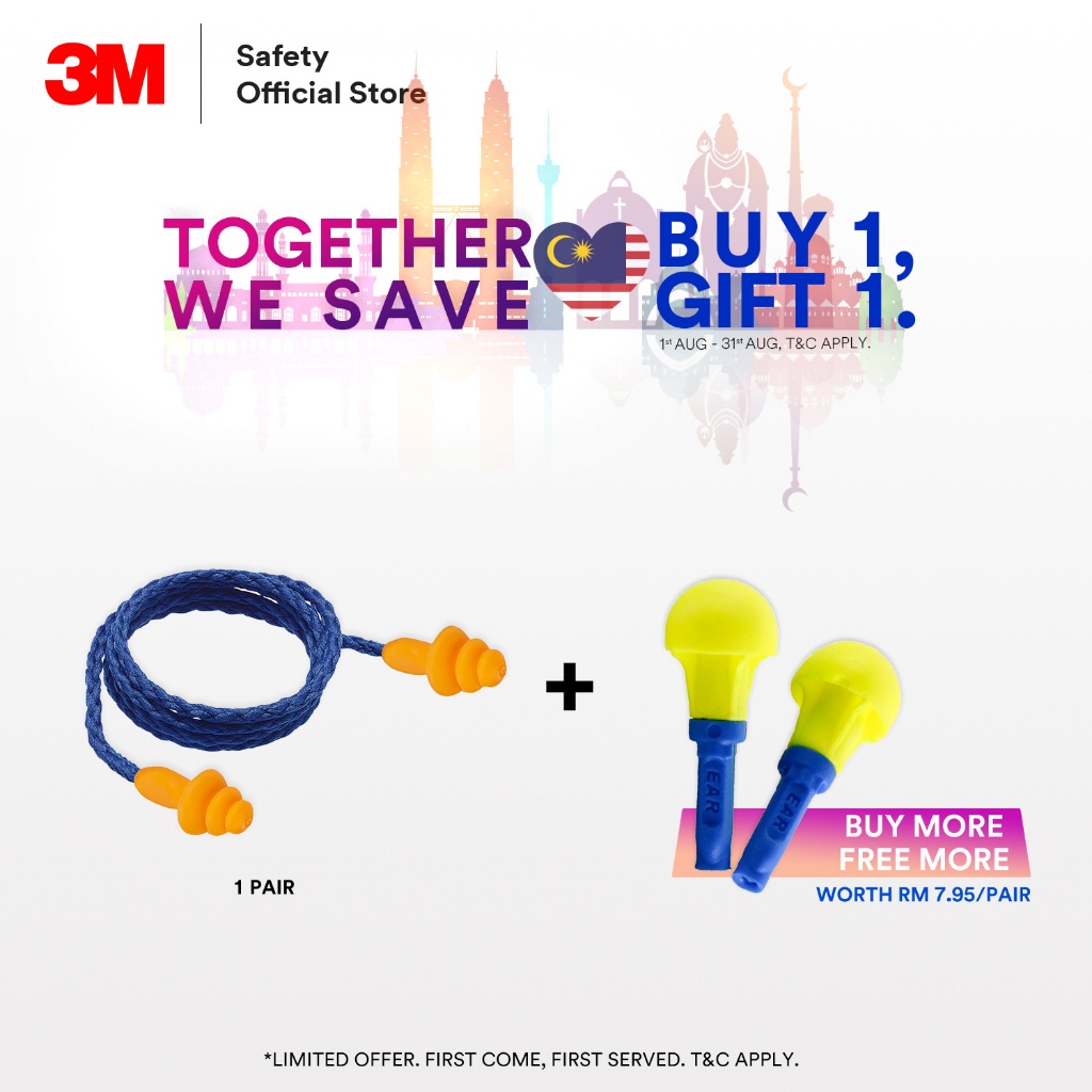3M™ 1271 Reusable Earplugs /Corded/ SNR 26 dB/ DOSH SIRIM [1 Pair] EP ...