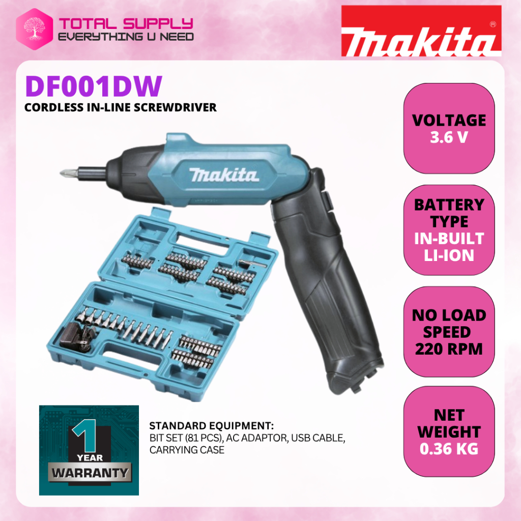 DF001DW MAKITA 3.6V CORDLESS IN-LINE SCREWDRIVER (COMPLETE SET) / DF001 ...