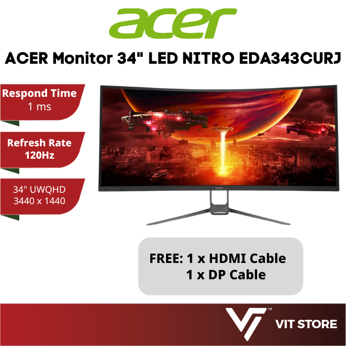 ACER Monitor 34" LED NITRO EDA343CUR J / EDA343CURJ UWQHD Curve VA 3440x1440 120Hz 1ms HDMI DP ...