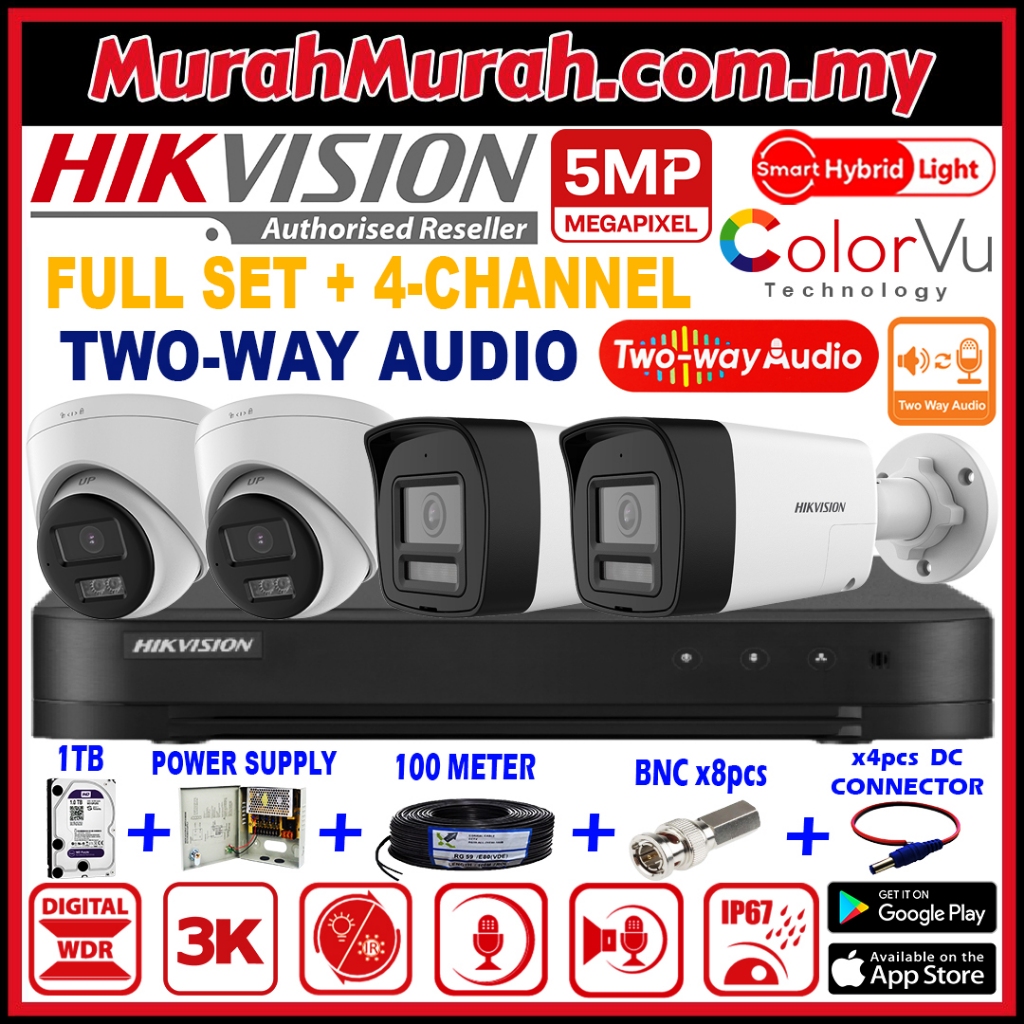 HIK HIKVISION 🌟4-CHANNEL🌟 TWO-WAY AUDIO + SPEAKER 5.0MP Full Set 2-WAY ...