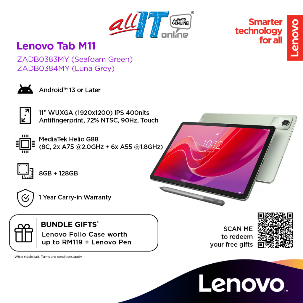Lenovo Tab M11 TB330XU LTE 11inch 8GB + 128GB (ZADB0383MY / ZADB0384MY) Seafoam Green & Luna ...