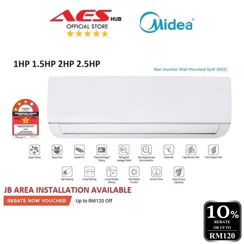 🛠️ MIDEA 3⭐ 2.5HP 2HP 1.5HP 1HP Penyaman Udara dengan Super Ionizer R32 Non Inverter AirCond ...