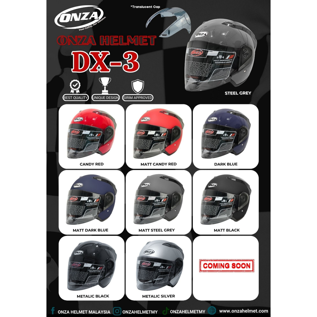 ONZA MOTOR HELMET - DX-3 WITH TINTED VISOR (SIRIM APPROVED) | Shopee ...