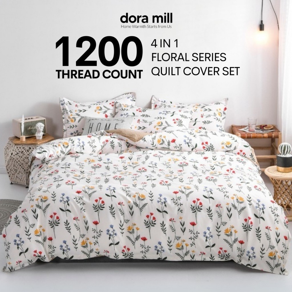 DORAMILL Floral Quilt Cover Bedsheet Set Sarung Comforter 1200TC Flower ...