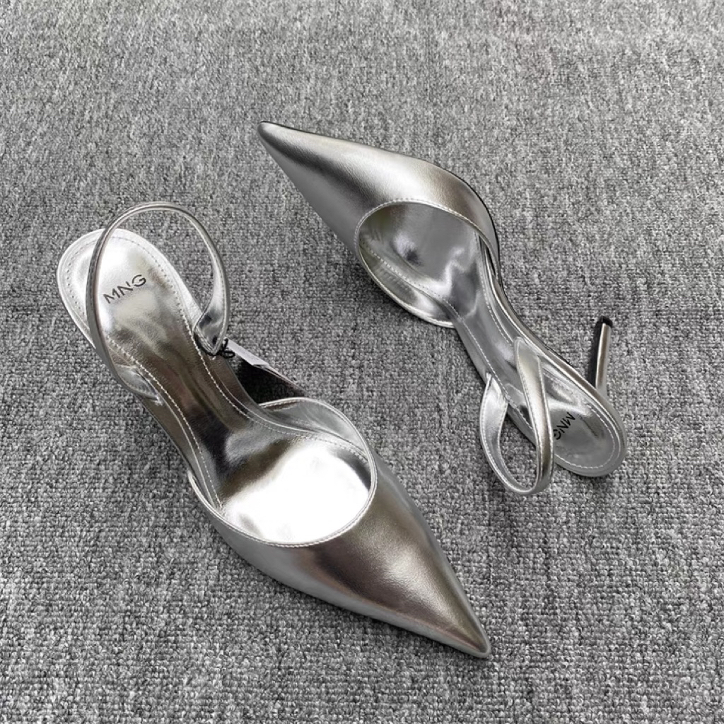 MG silver pointed French high heels with empty back cap Muller sandals ...