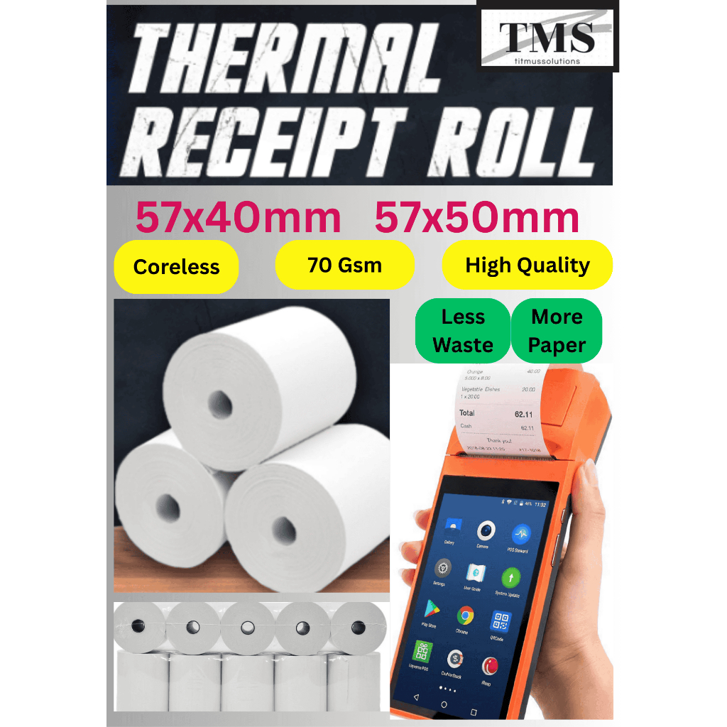 Thermal Paper Roll 57mmx40mm/50mm CORELESS Kertas Receipt foodpanda ...