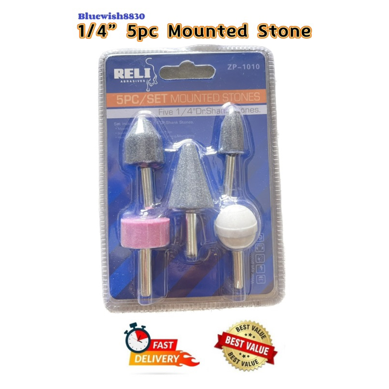 RELI 5pc 6mm 1/4” Shank Abrasive Mounted Stone Cylindrical/Conical ...