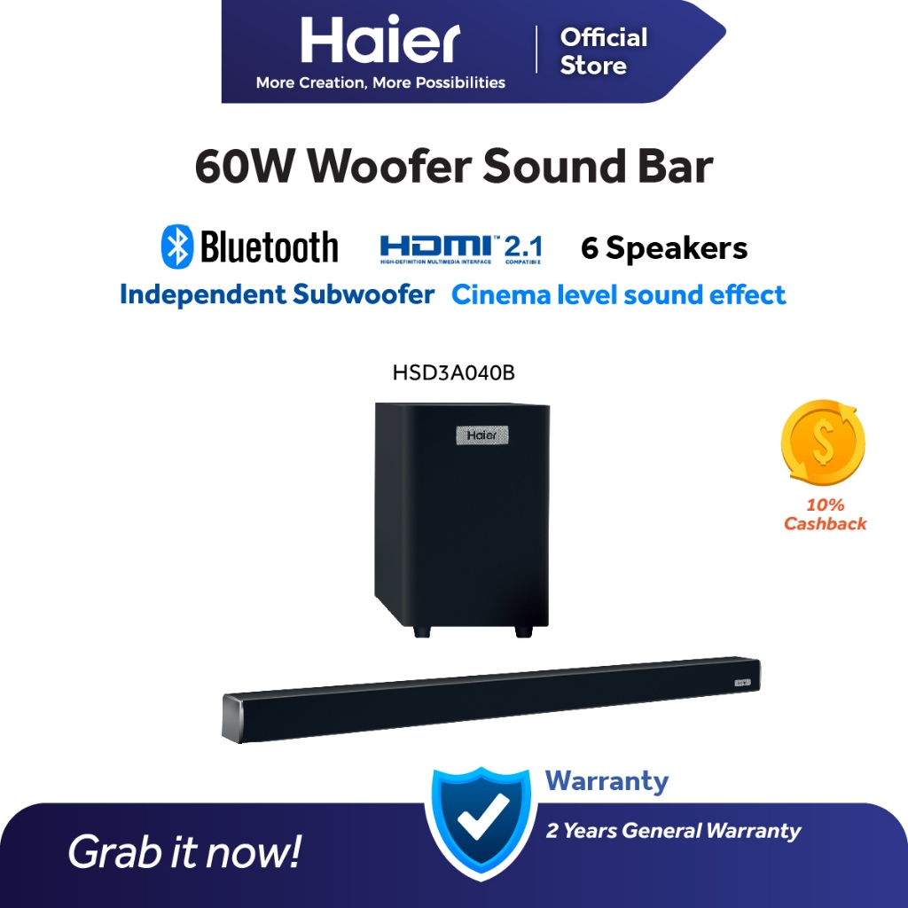 Haier 6 Speakers Woofer Sound Bar (60W) / HDMI 2.1 / Bluetooth ...