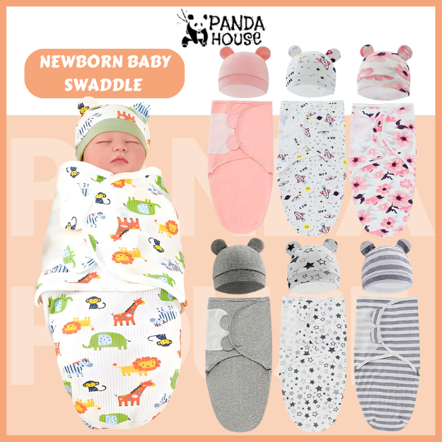 Baby Swaddle with Hat Newborn Bedung Bayi Babies Bedding Soft Cotton ...