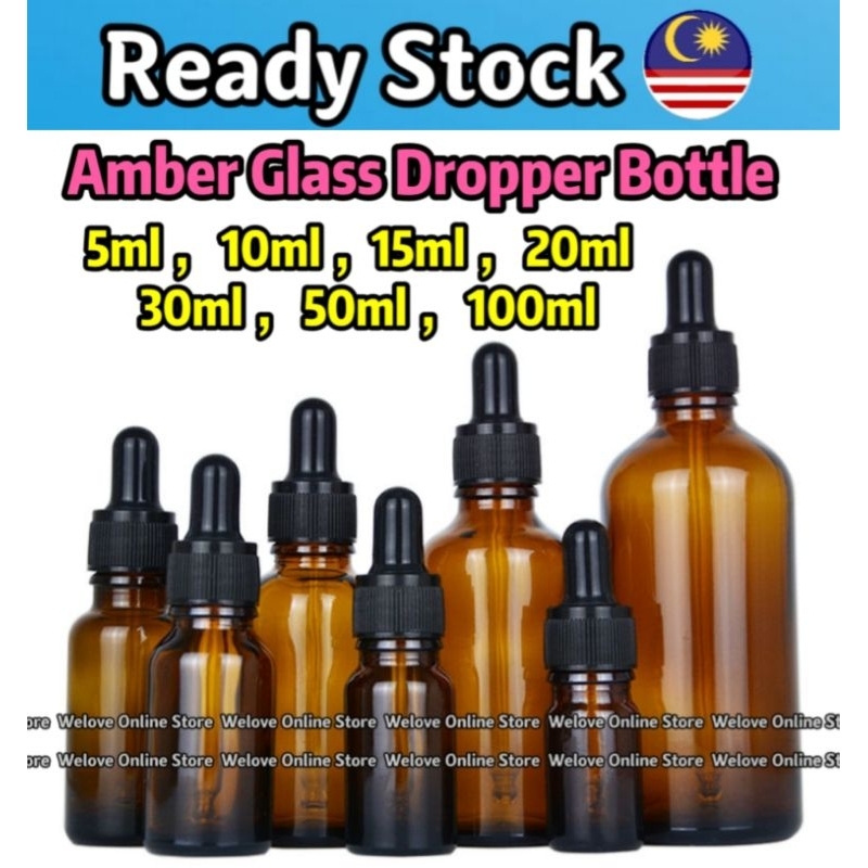 5ml/10ml/15ml/20ml/30ml/50ml/100ml Amber Glass Dropper Bottle Essential Oils Bottle Botol kaca ...