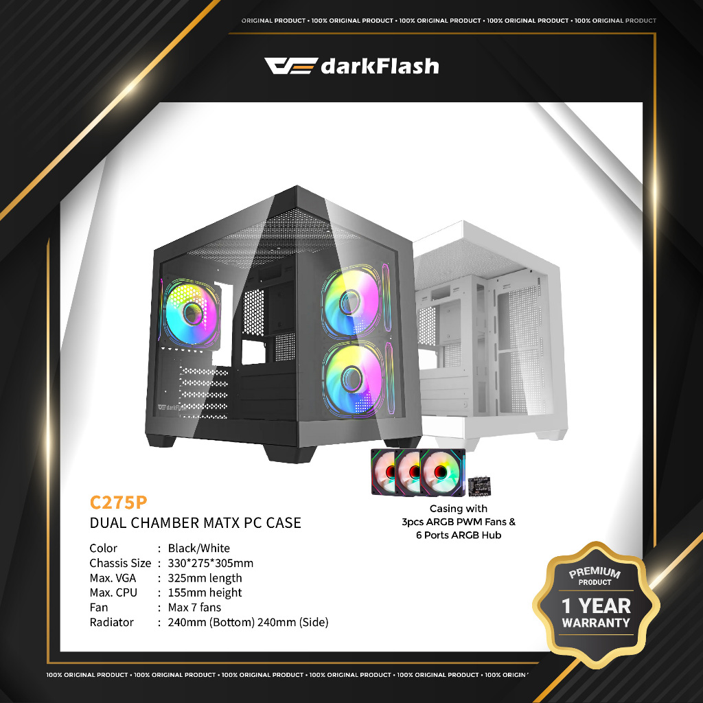 darkFlash C275P Tempered Glass Luxury Dual Chamber ATX Case (with 3pcs ...