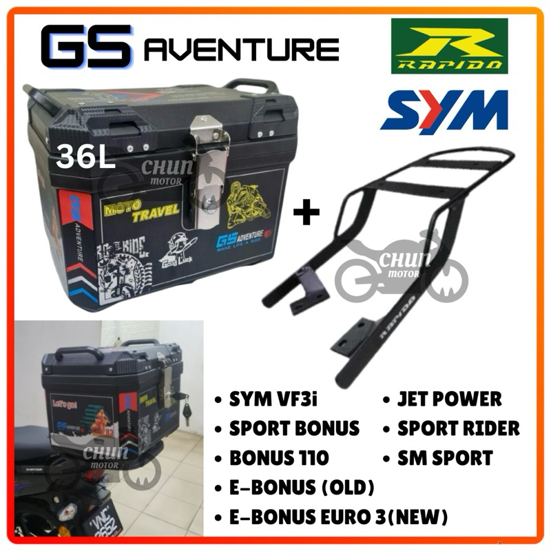 GS Box+Rapido Monorack SYM / GS Adventure ABS TOP BOX 36L with Rack VF3i/E-Bonus/Bonus110/Sport ...