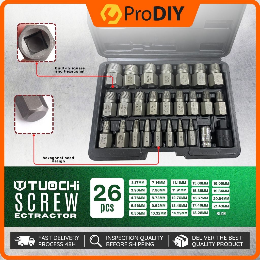 26PCS TUOCHI Broken Head Screw Extractor Set Drill Bit Extractor Tool ...