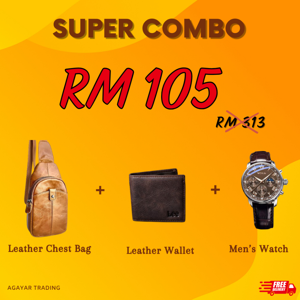 Combo - Men's Leather Chest Bag + Men's Leather Wallet + Men's Watch ...