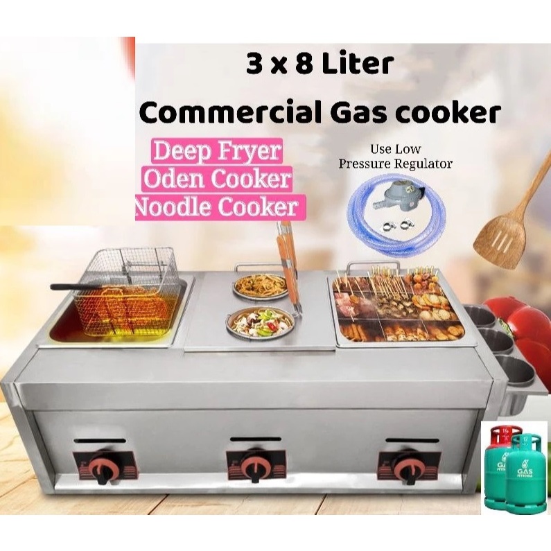 3 x 8 Liters Triple Commercial Gas Deep Fryer Oden Noodle Combo Western ...