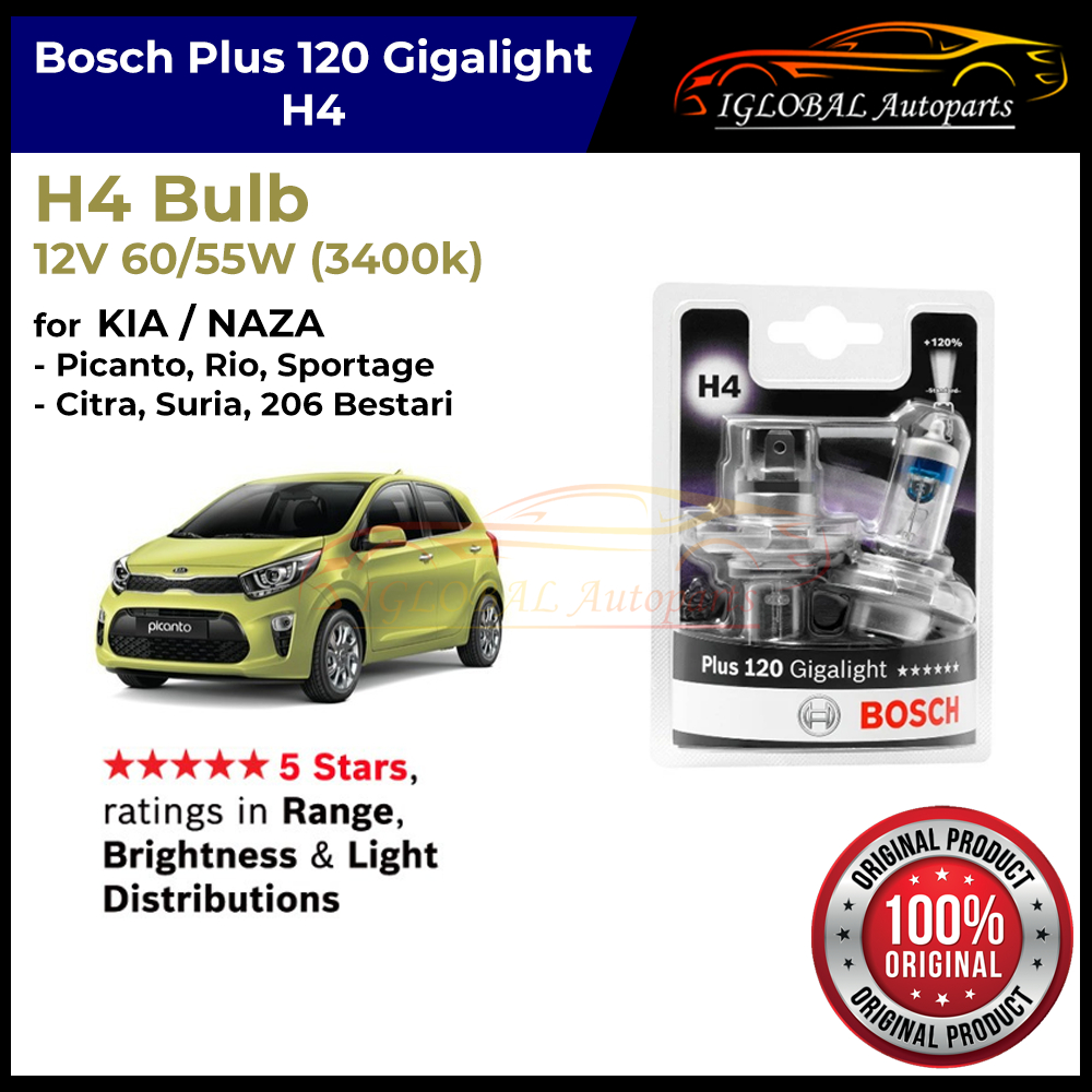 Bosch H4 Plus 120 Gigalight Headlight Bulb for KIA Picanto, Rio ...