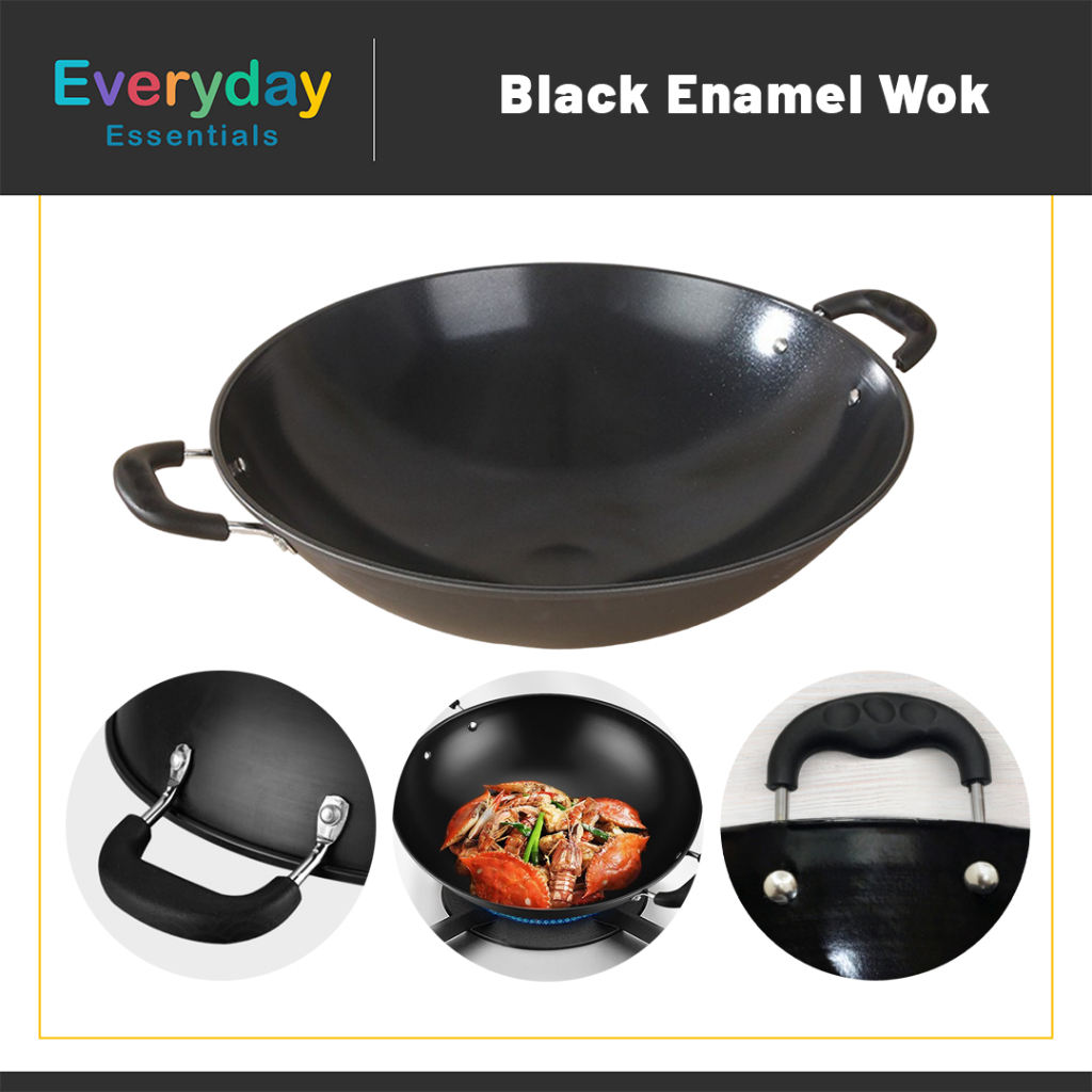 【E.E】Enamel Wok Double Handle Enamel Wok Stir-Fry Iron Wok Kuali Besi ...