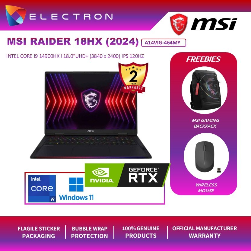 MSI Raider 18 HX 14VIG-464 18" UHD+ 240Hz (i9-14900HX ,64GB,2TB SSD,RTX ...