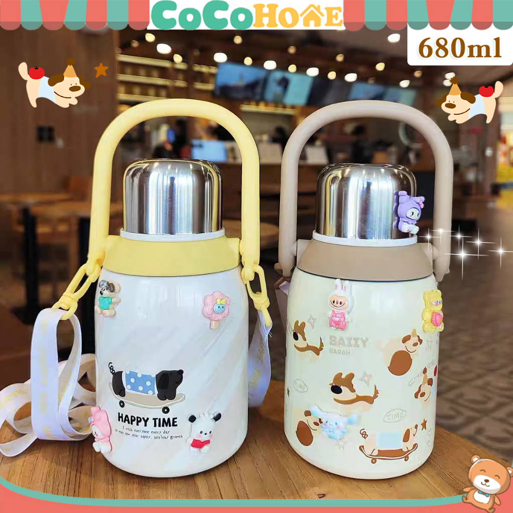 680ml Kids Thermos Bottle with Straw Strap 316 SUS Kids Tumbler Cute Cartoon Water Bottle Water ...