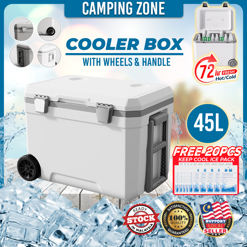 45L Camping Cooler Box with Wheel Trolley Large Ice Box Outdoor Fishing ...