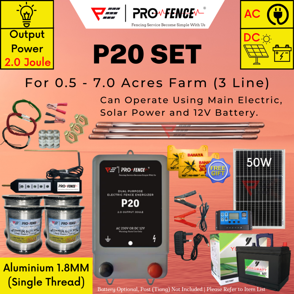 PRO FENCE P20 Energizer 1.8S Set for 0.5 - 7.0 Acres Aluminium Wire ...