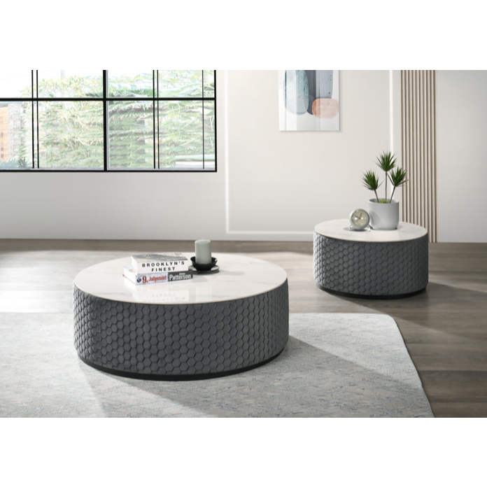 LUMA LIVING Modern Round GREY Coffee Table (Walnut Veneer Occasional ...