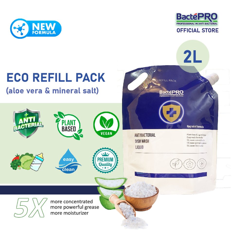 BACTEPRO ANTIBACTERIAL DISH WASH - ECO REFILL PACK - ALOE VERA & SALT ...