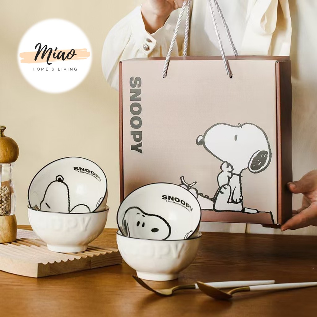Gift Snoopy Ceramic Rice Bowl Set 4PCS Dinnerware Serving Glazed Soup ...
