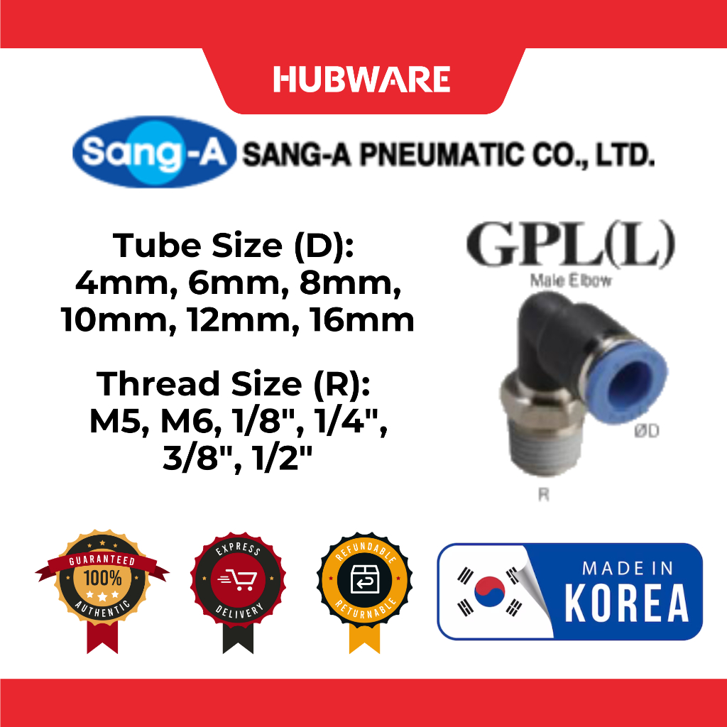 Sang-A GPC Male Elbow Connector 4mm 6mm 8mm 10mm 12mm 16mm Pneumatic One Touch Air Fitting Made ...