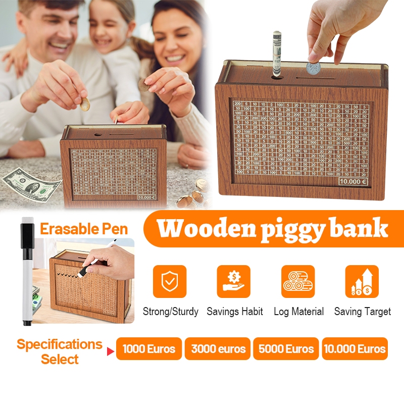 Wood Money Box Piggy Bank Wood Money Bank Money Box Saving Goal Numbers ...