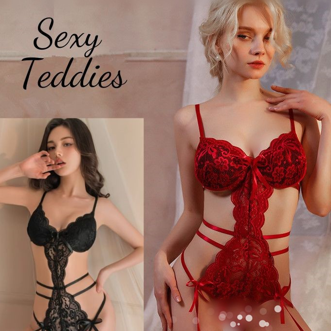 Open Crotch Lace Transparent Padded Teddies Bodysuit wt Garter Ribbon Sexy Lingerie Baju Tidur ...