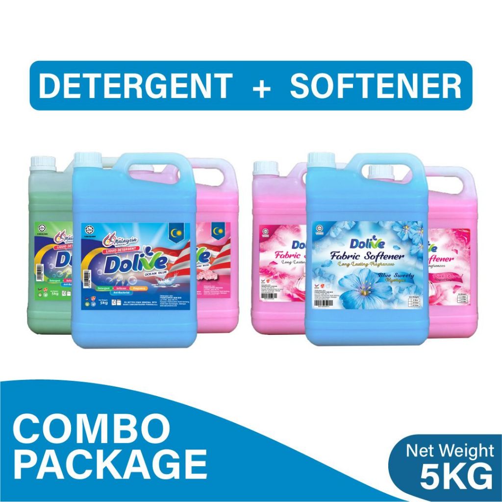 COMBO SABUN PENCUCI BAJU DOLIVE 5KG & SOFTENER / PELEMBUT PAKAIAN 5KG (2 BOTOL) | Shopee Malaysia