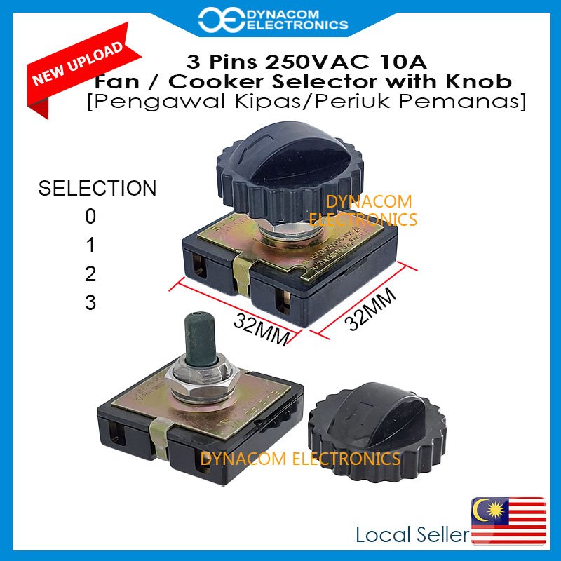 3 Pins 250VAC 10A Fan / Cooker Selector Switch with Knob [Pegawal Kipas ...